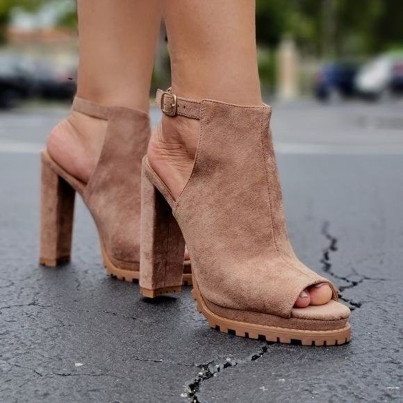 Shoes | Taupe Ankle Buckle Open Back Bootie Heels | Poshmark